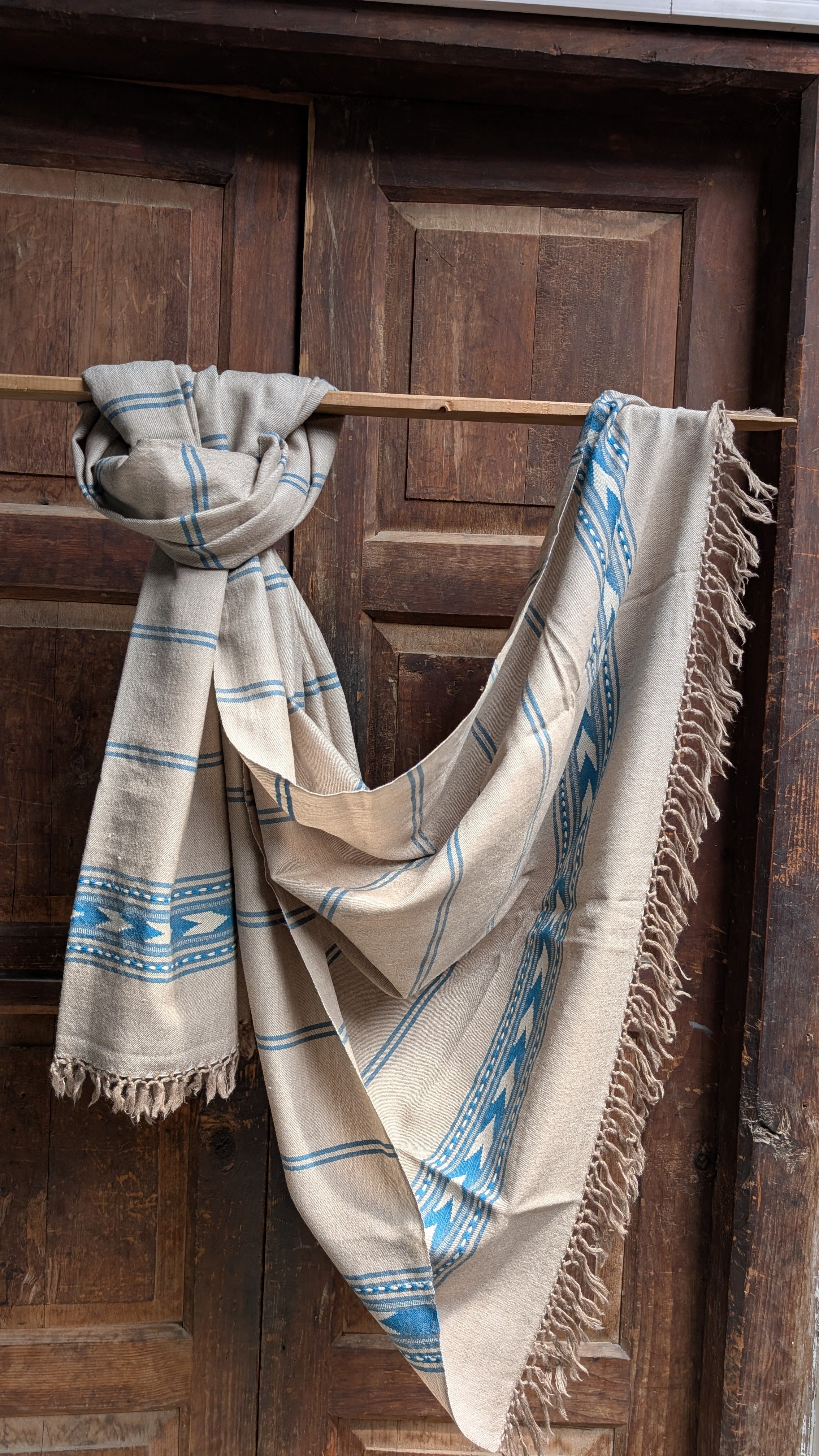 Beige Wool Shawl with Blue Tribal Border – Shop@Woolknitters